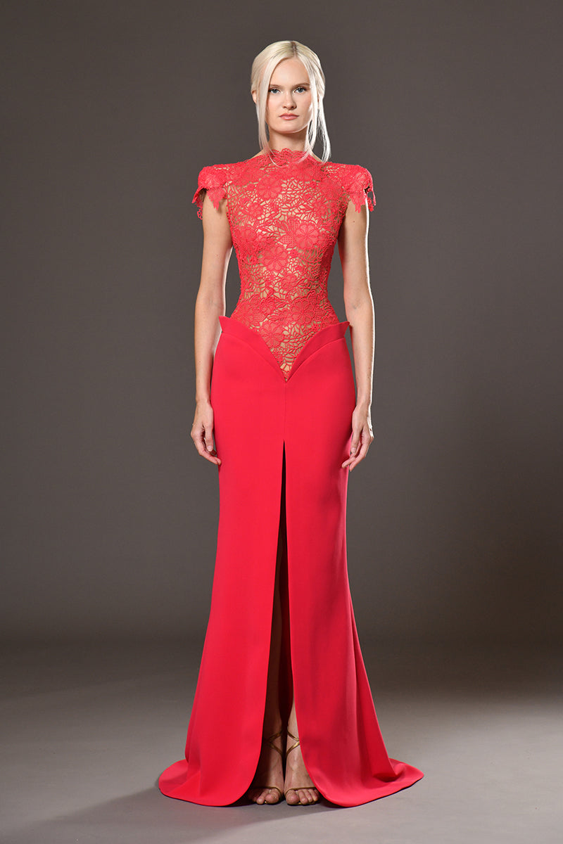 Red guipure dress with mermaid crêpe skirt