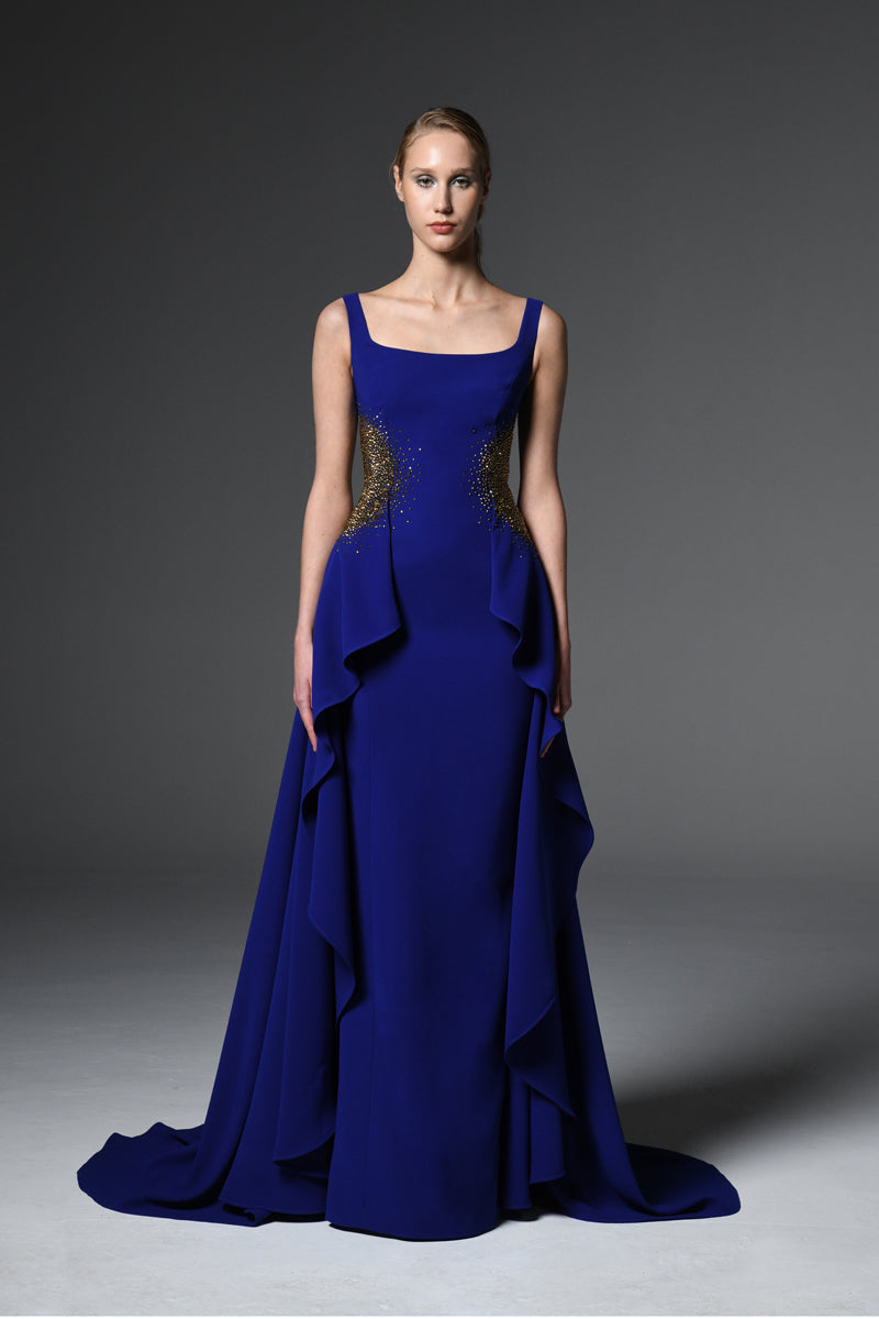 Royal blue crêpe dress embroidered on the waist