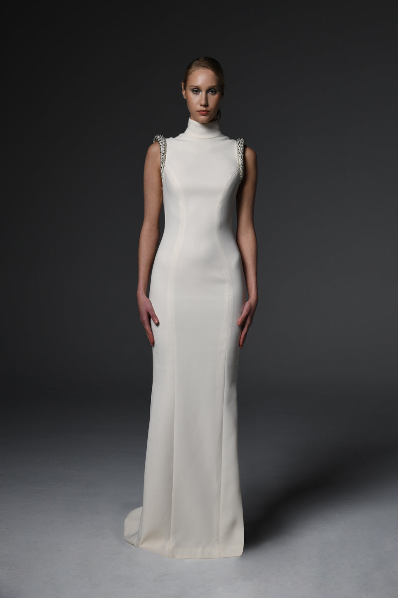 Ivory crêpe dress with crystal embellishments