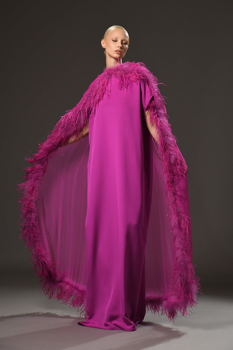 Fuchsia cape with feathers