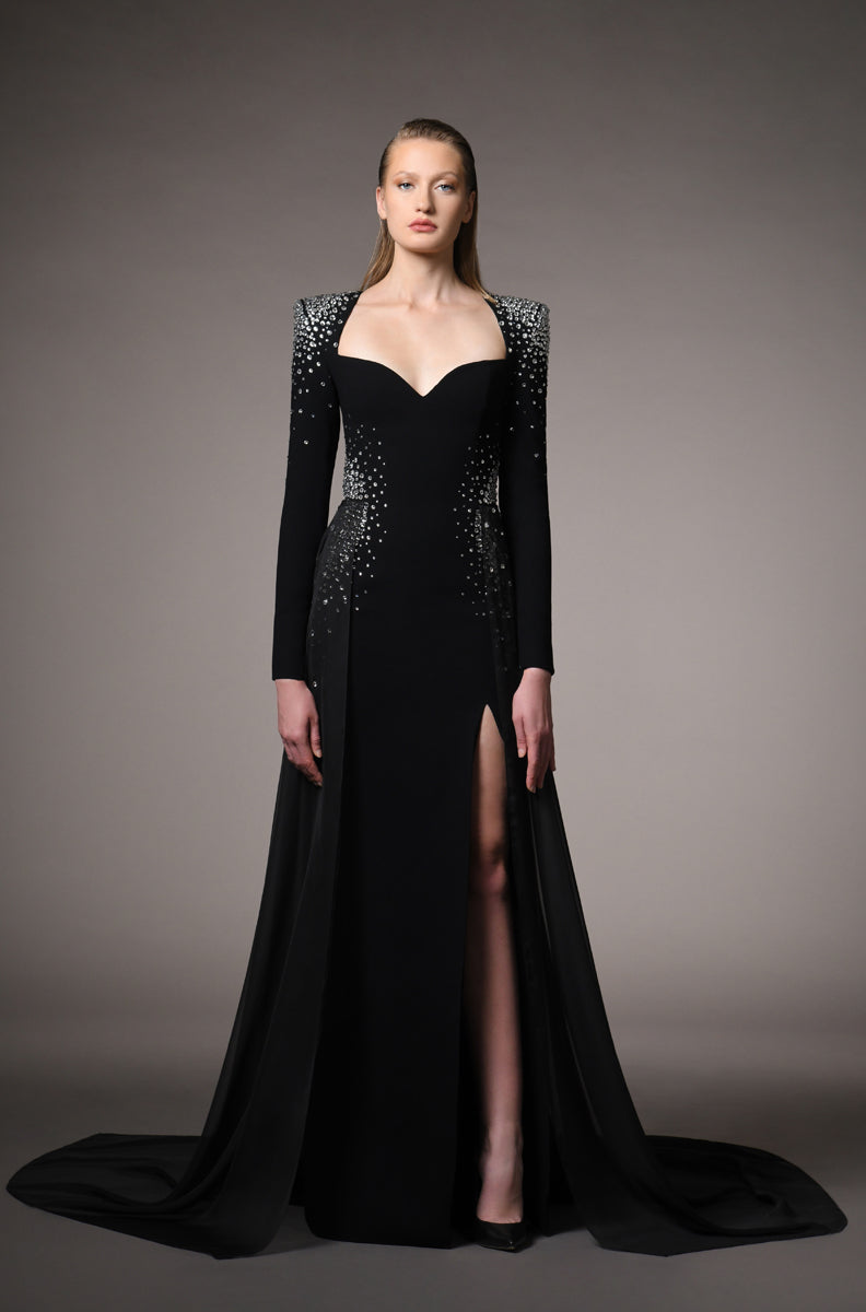 Black embroidered dress featuring overskirt