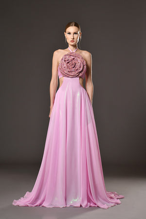 Pink A-line dress with crystal chainmail flower