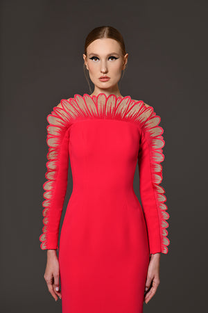 Red crêpe dress with thread embroidered daisy petals from neckline to