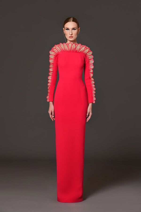 Red crêpe dress with thread embroidered daisy petals from neckline to
