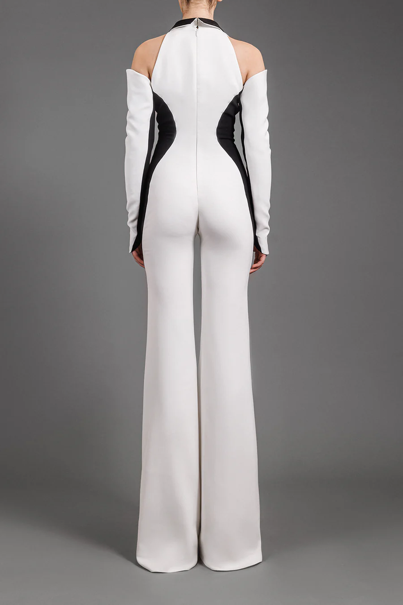 White crêpe jumpsuit with black collar