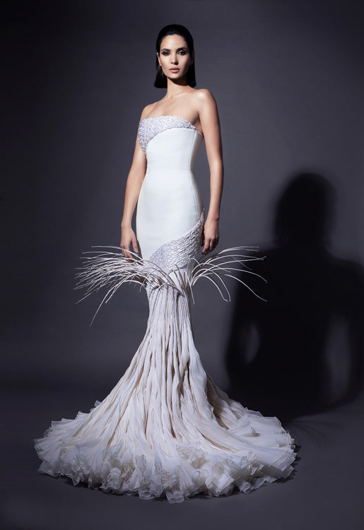 Strapless white silk crêpe gown with dramatic breakout mermaid tail in