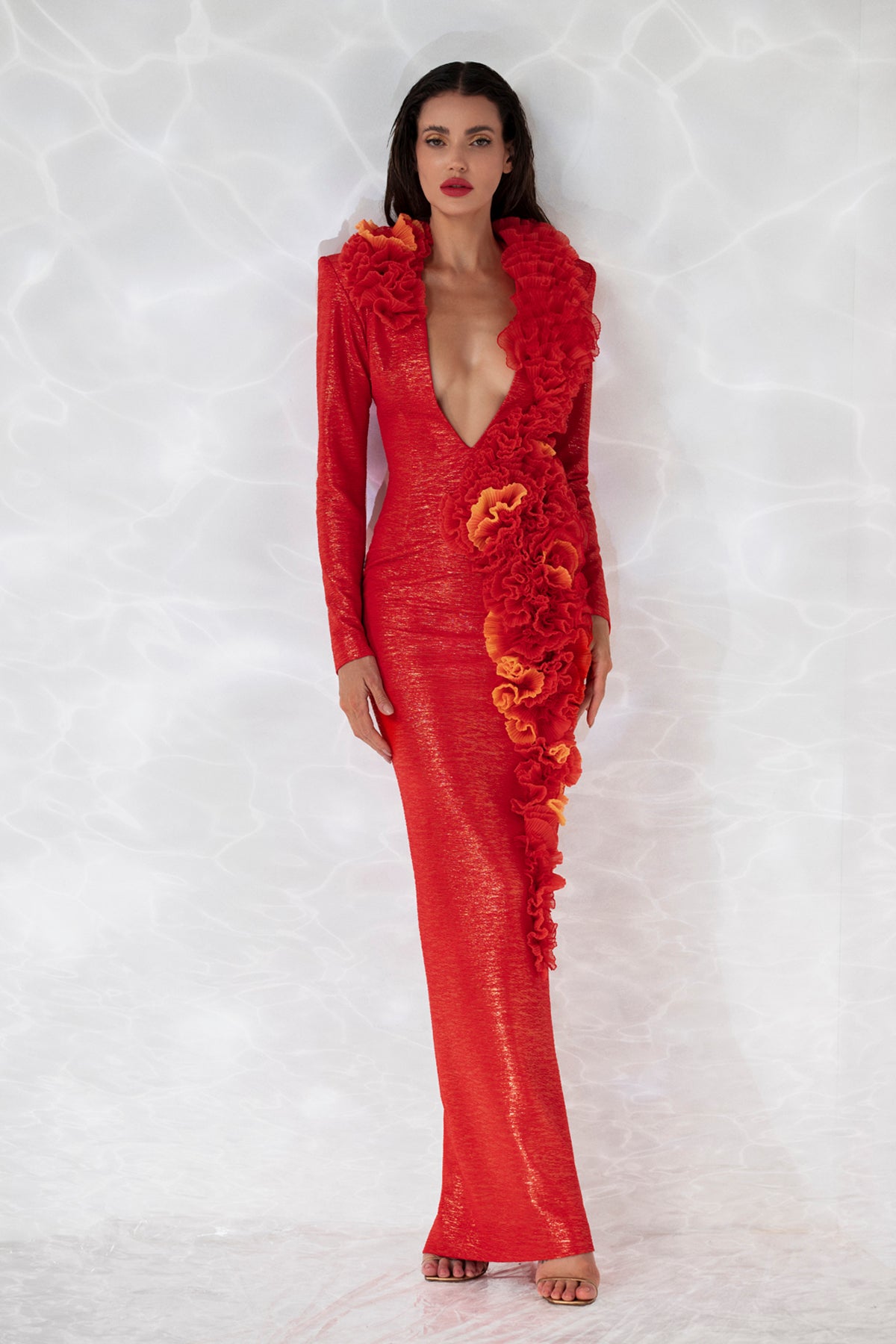 Column dress in sunset orange lamé with silk organza plissé ruffles