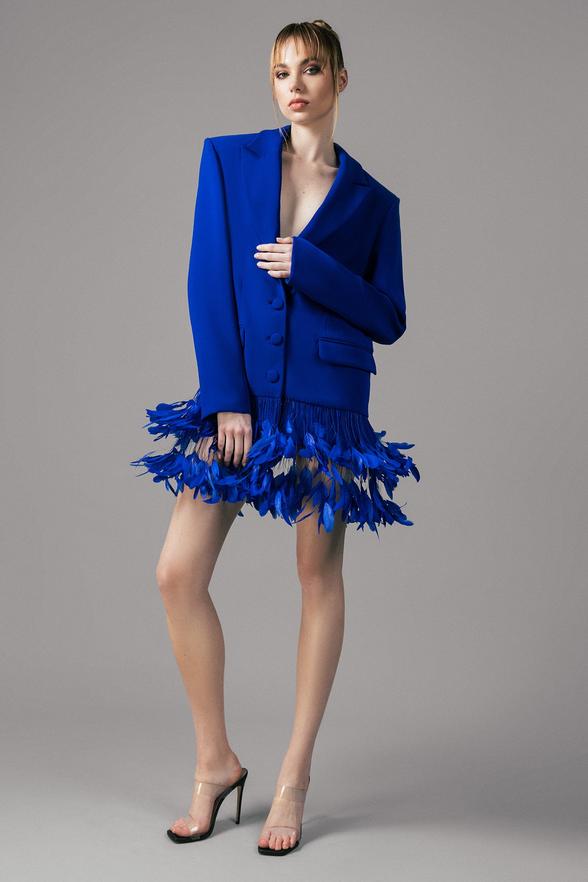 Royal blue crêpe blazer with feathers
